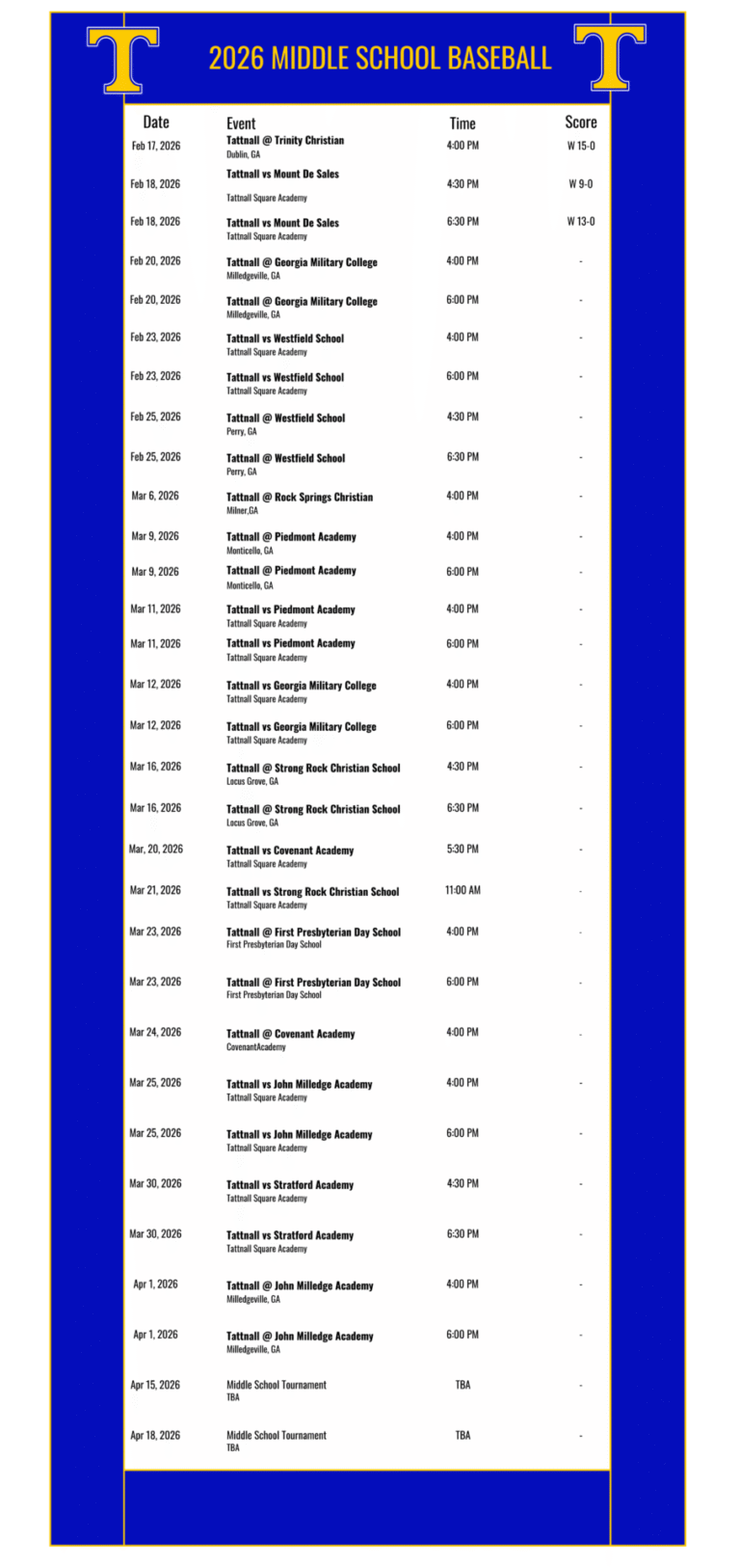 Middle School Baseball Schedule - Tattnall Square Academy